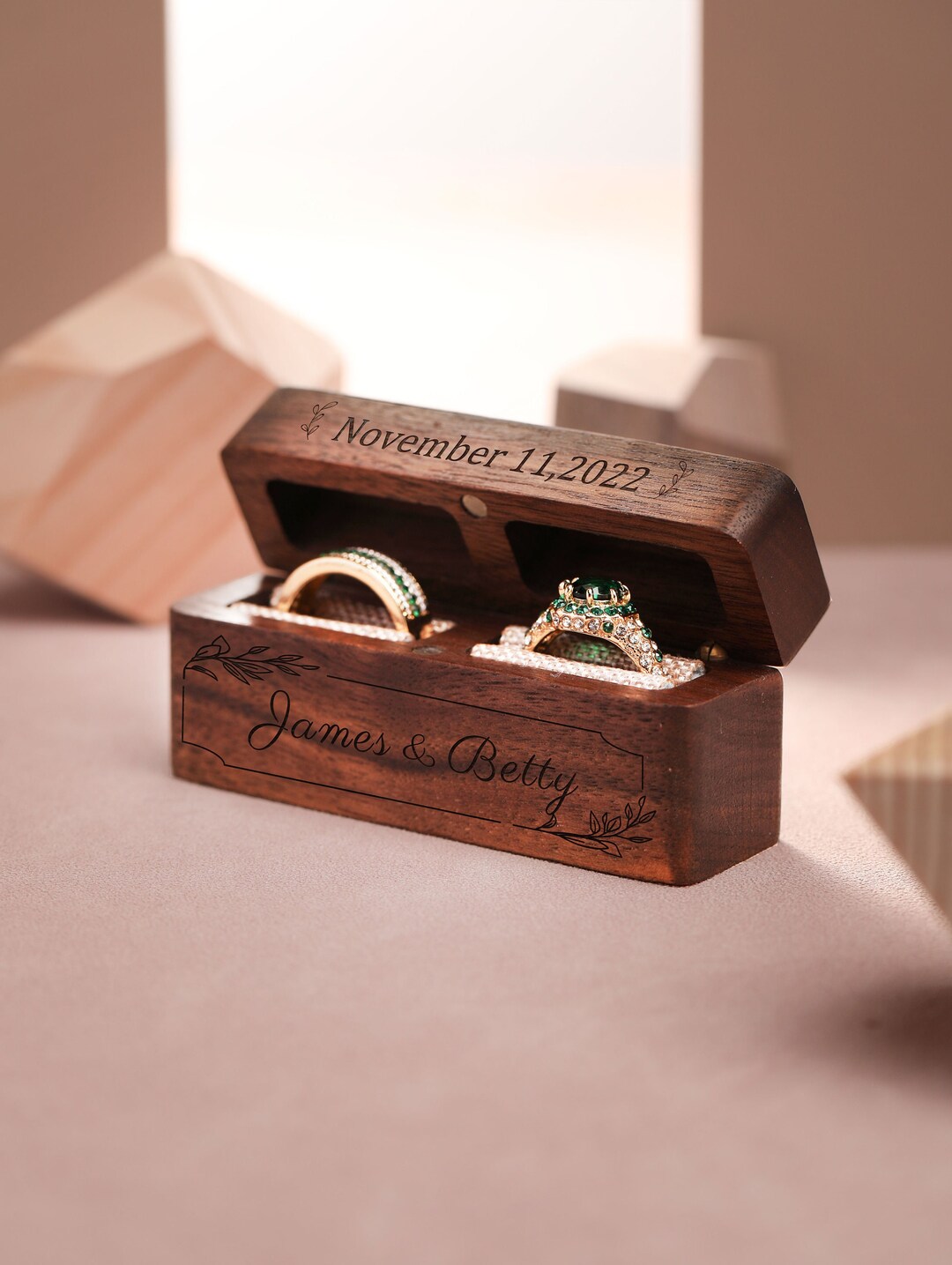 Personalized Wedding Ring Box, Wide Wood Double Ring Box, Vintage ...