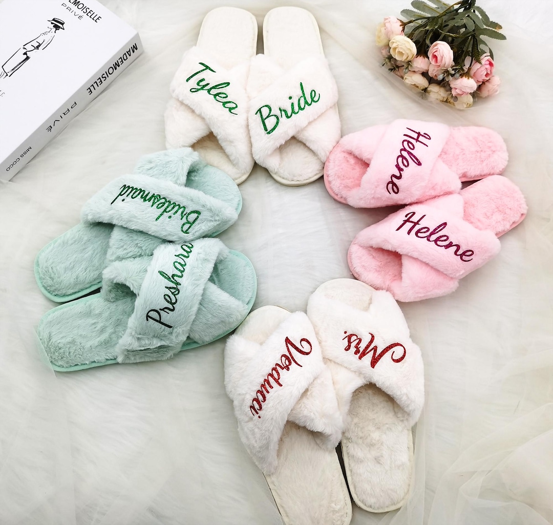 Custom Fluffy Slippers,bride Slipper Personalized,custom Bride Slippers ...