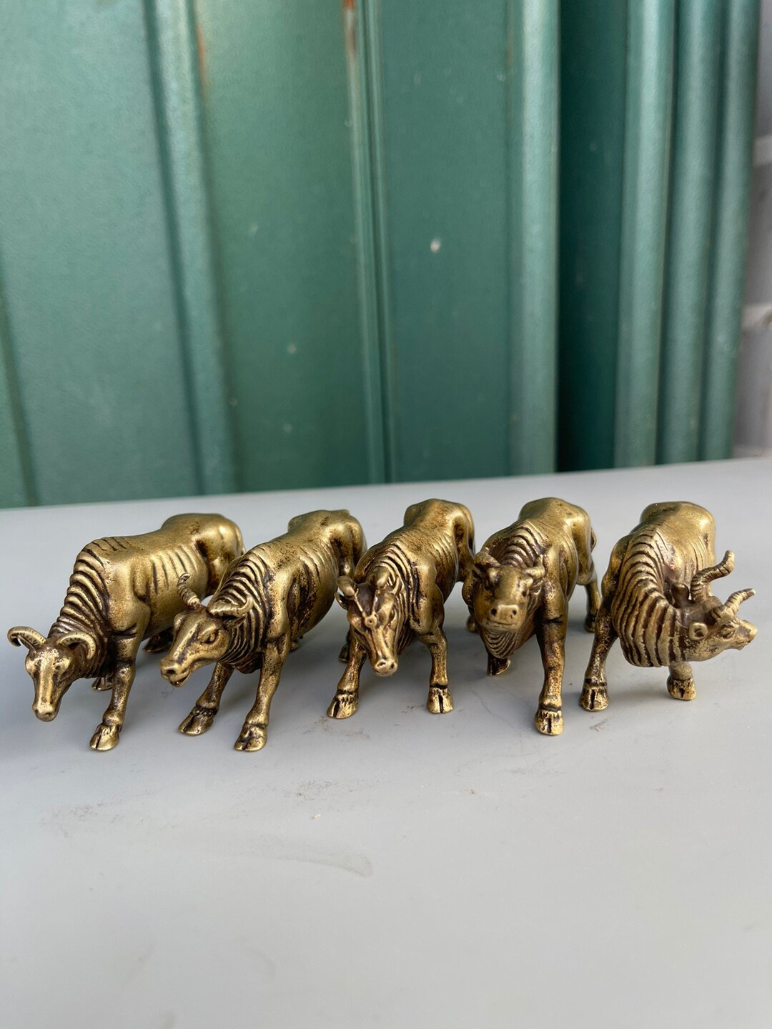 A Set of Five Ox Figures Ornaments, All Copper Aged Zodiac Ox, Copper ...