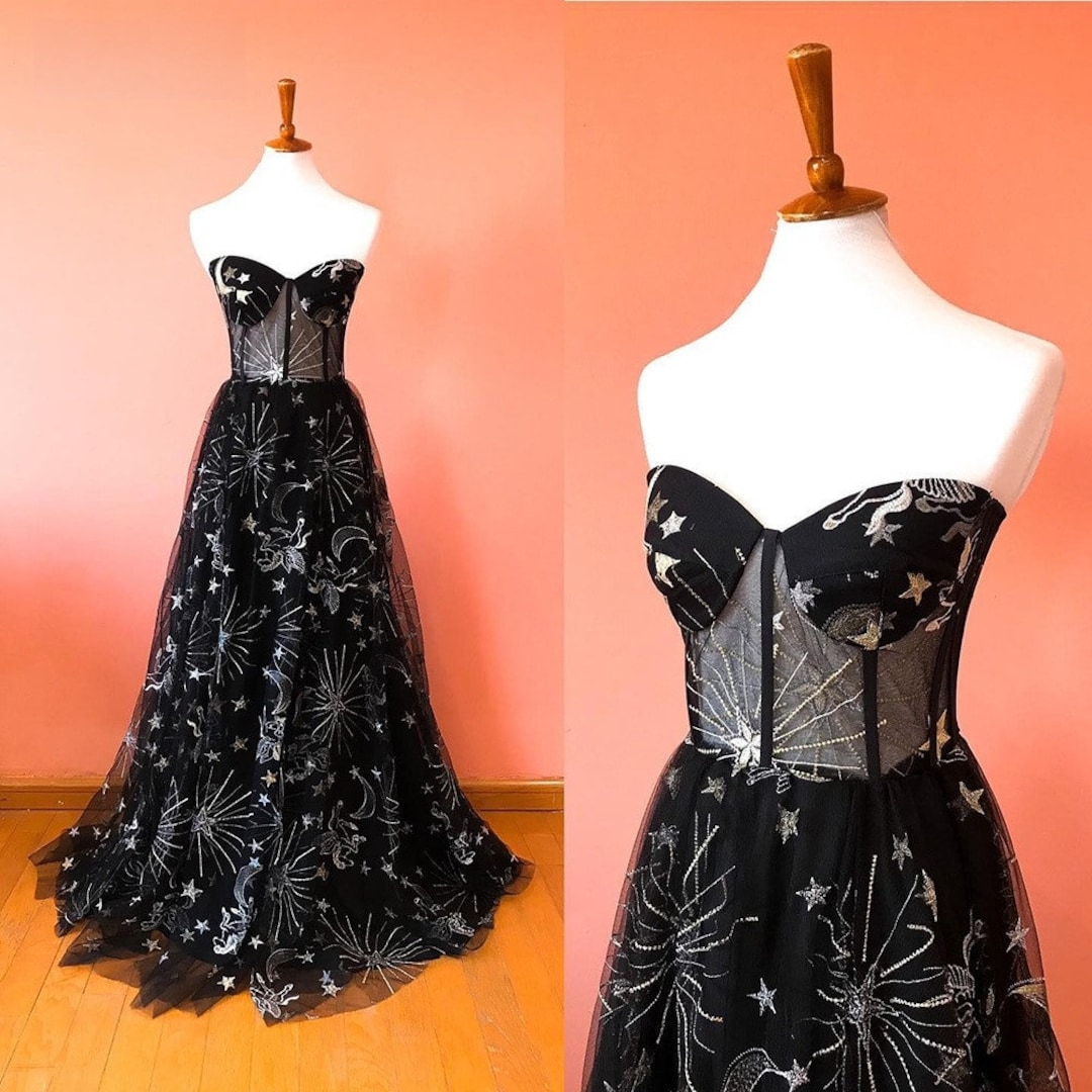 Black Constellation Embroidery Tulle Maxi Prom Dresses/ Sweetheart ...