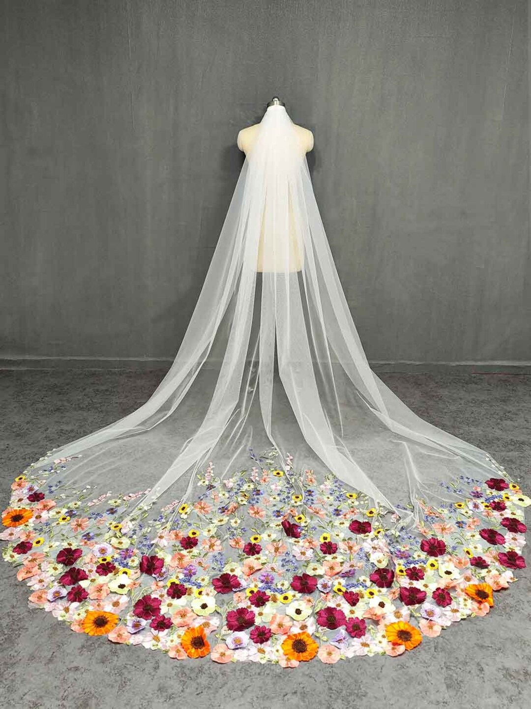 Floral Lace Wedding Veil/ 3 Meters Long Bridal Veil With 3D Flower ...
