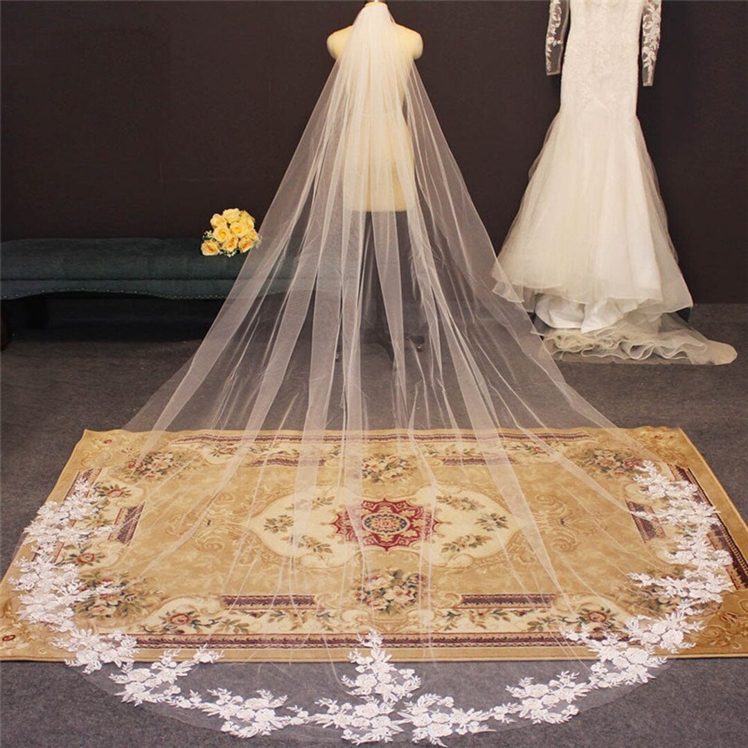 Bling Sequins Lace Appliques Wedding Veil/ 3 Meters Long Bridal Veil ...
