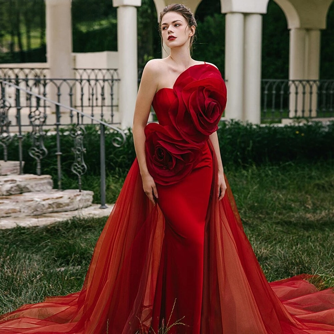 Red Mermaid Wedding Dresses With Two Big Flowers/ Romantic Formal Gowns ...