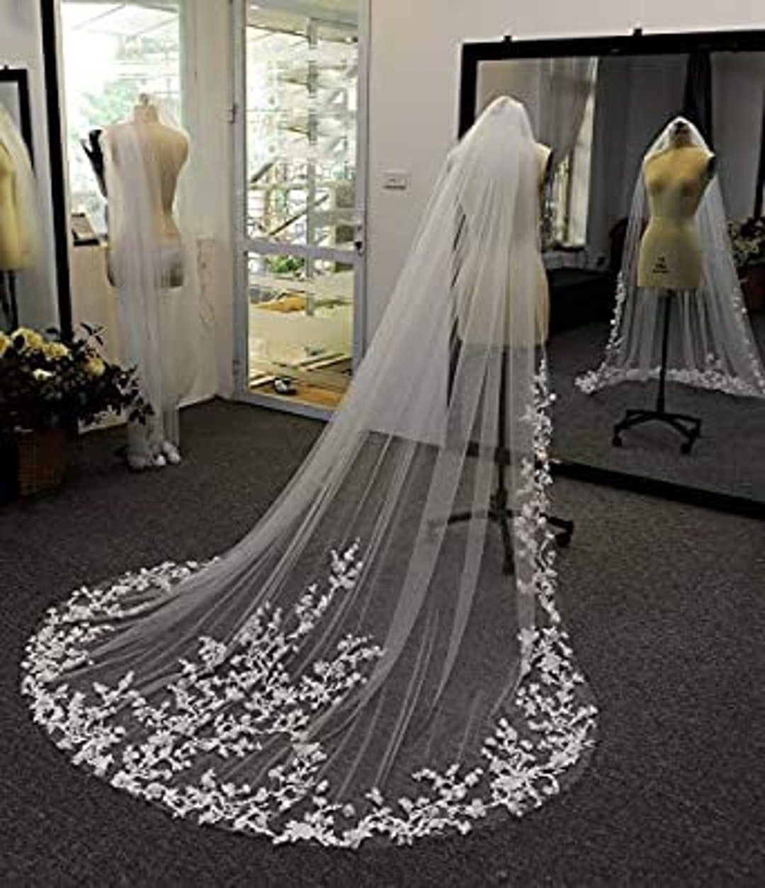 Wedding Veils/ 3D Flowers Floral Veil/ 1 Tier Long Cathedral/ Lace Edge ...
