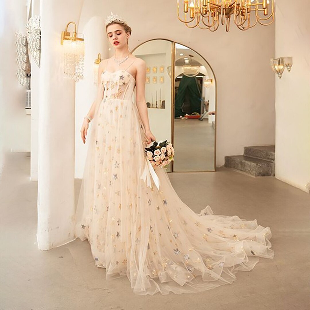 Celestial Starry Spaghetti Straps Prom/ Dress Custom Made/ Corset Gold ...