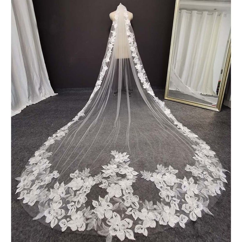 3D Flowers Pearls Bridal Veils/ Cathedral Length Veils/ - Etsy