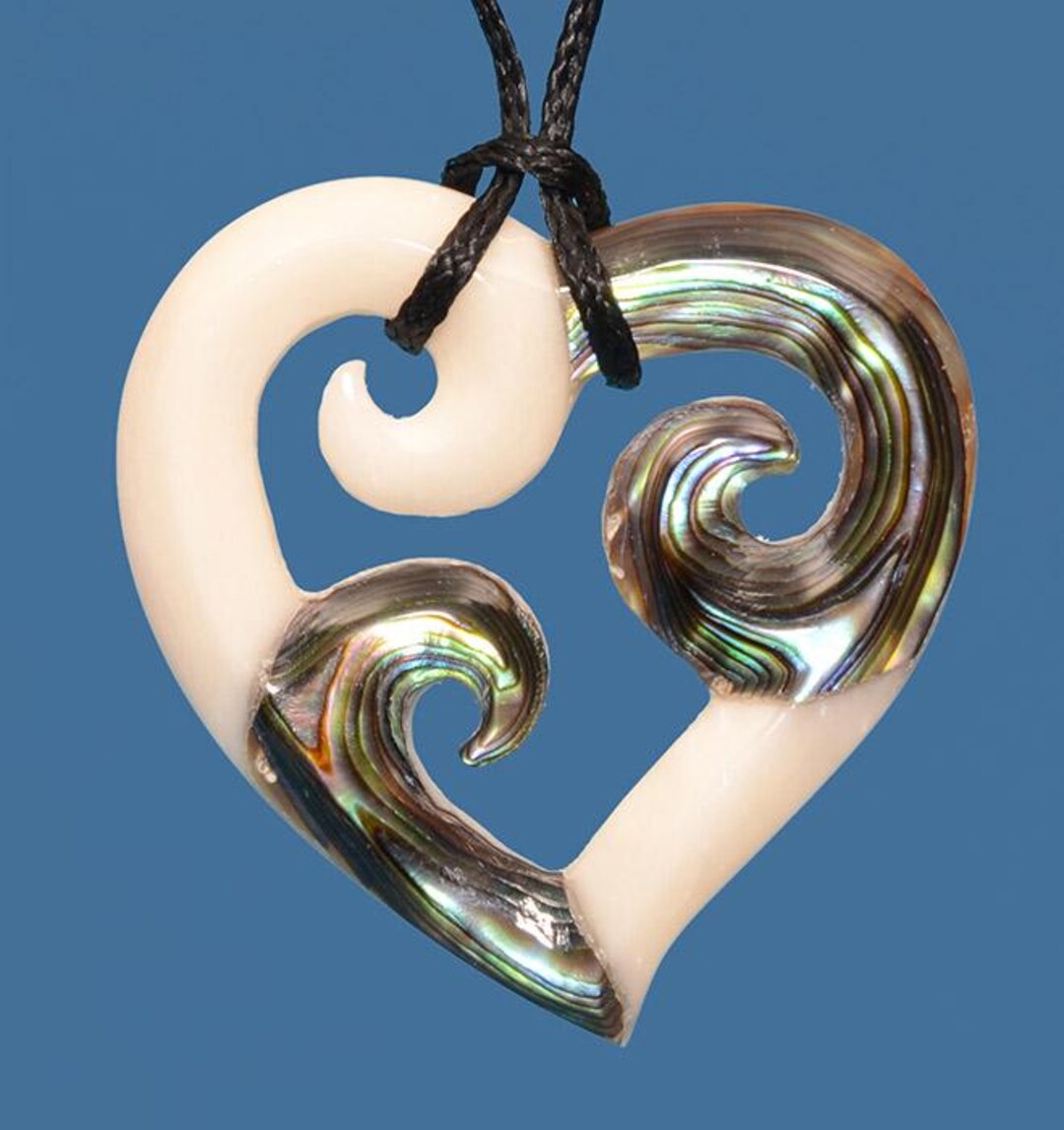 Handmade Bone Heart Pendant: Paua Shell Koru Inlay, New Zealand - Etsy