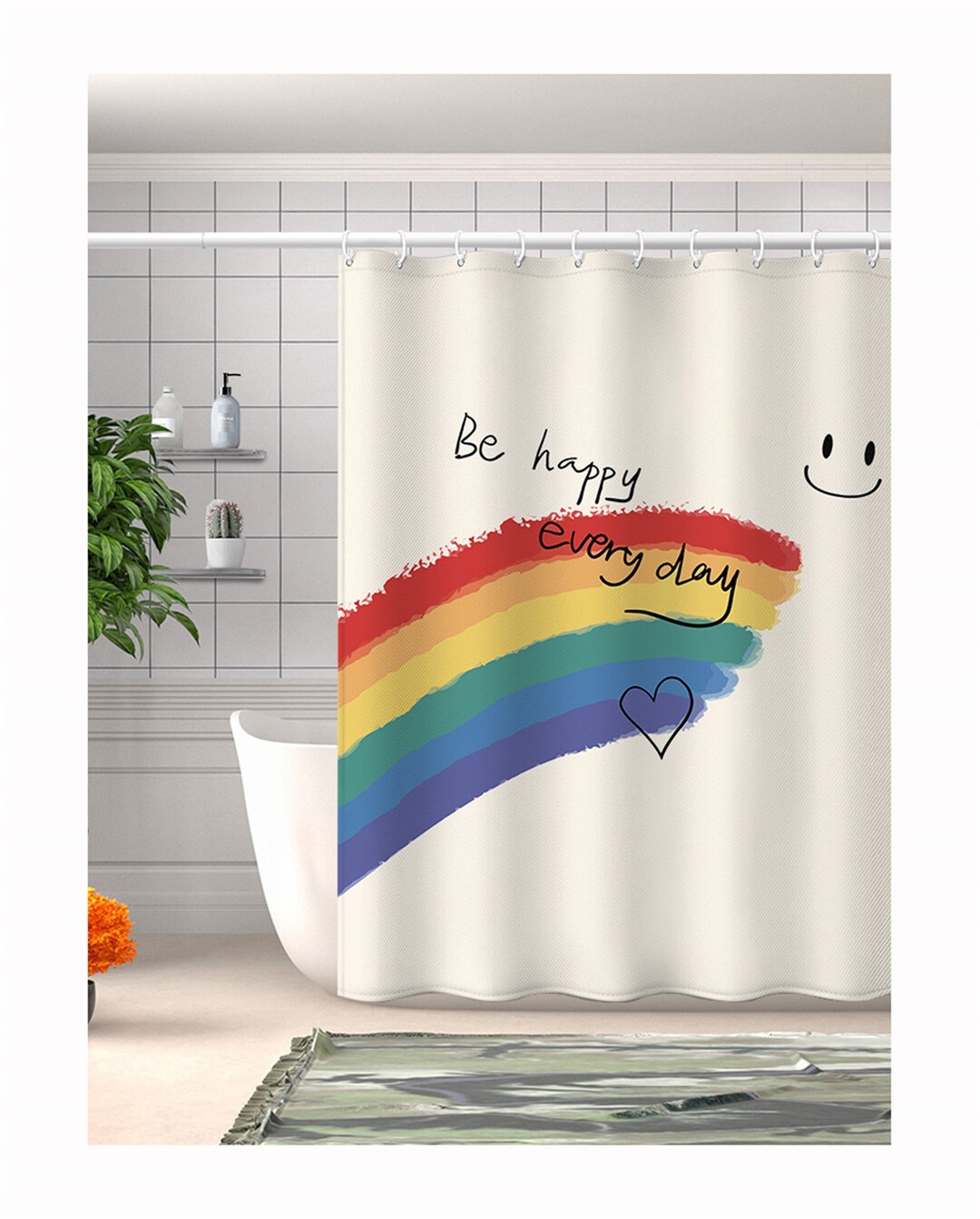 Rainbow Smiley Shower Curtainhappy Everyday Shower - Etsy