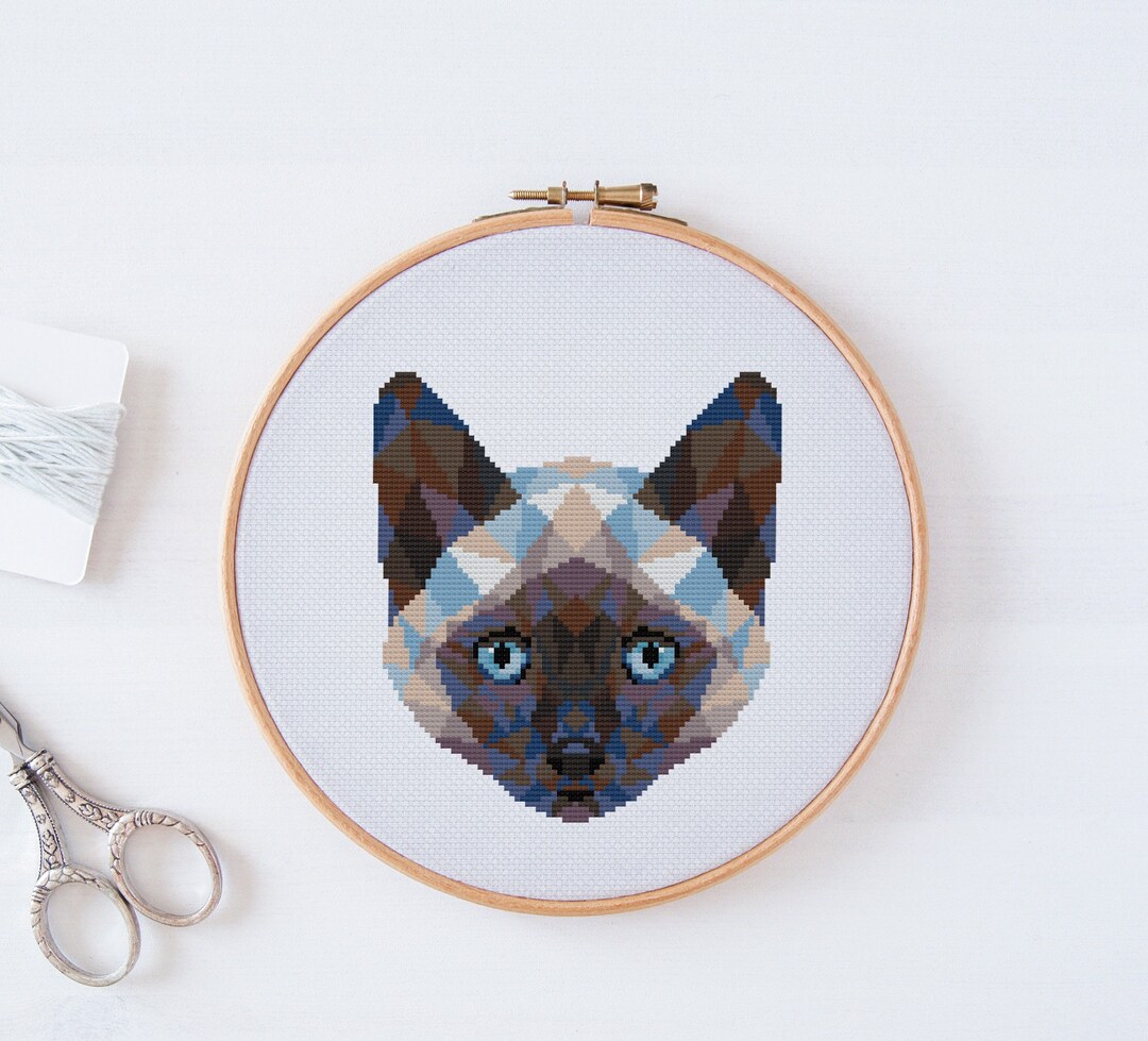 Siamese Cat Cross Stitch Pattern PDF, Modern Geometric Animal Hand ...