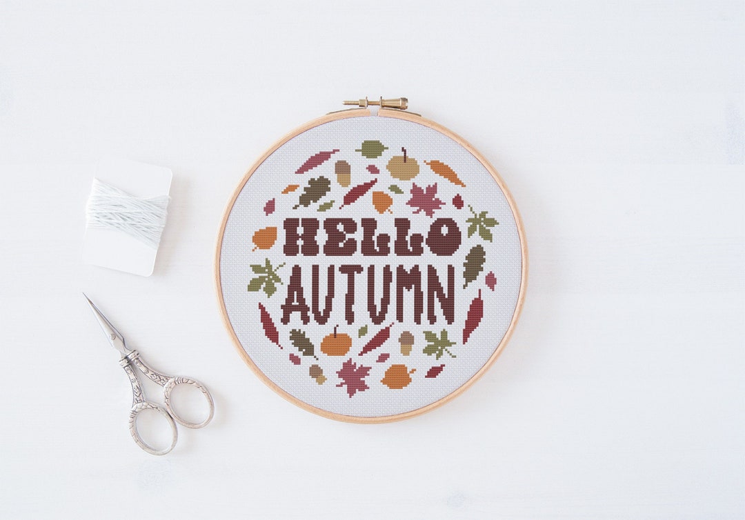 Hello Autumn Cross Stitch PDF Pattern, Modern Fall Embroidery Design ...