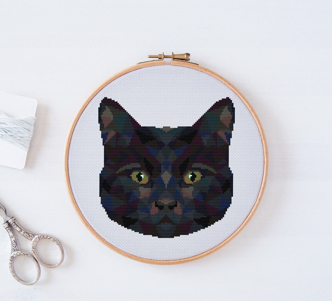 Geometric Black Cat Cross Stitch Pattern PDF, Modern Cute Hand ...