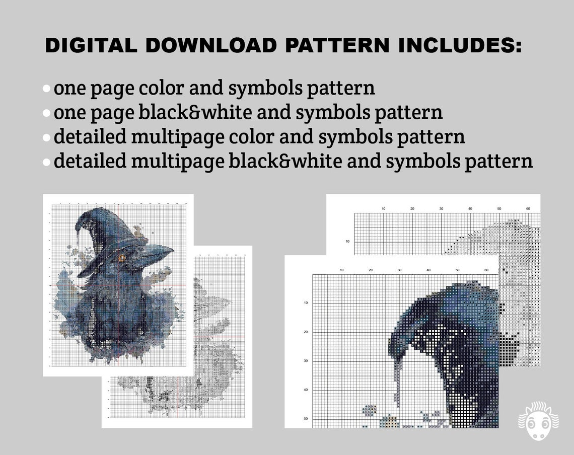 Halloween Raven Cross Stitch Pattern PDF, Gothic Black Crow Embroidery ...