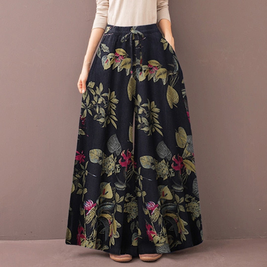 Bohemian Floral Print Pants Wide Leg Trousers Elastic Waist - Etsy