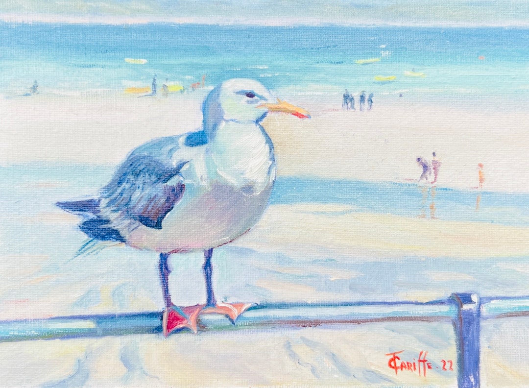Seagull Art, Beach Guard, Original Oil Painting 8x6 Inch on Canvas ...