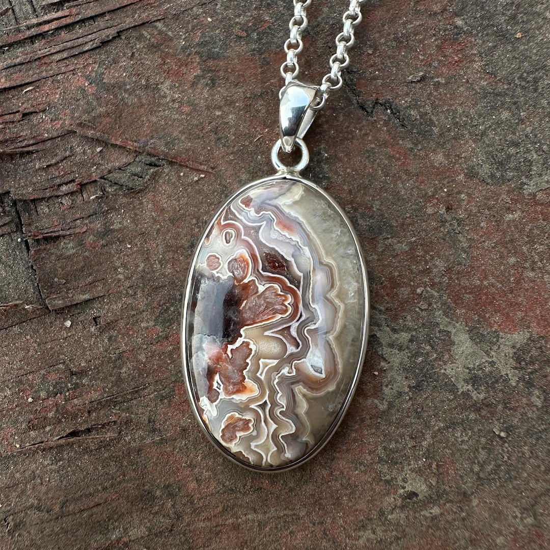 Genuine Mexican Crazy Lace Agate Pendant Necklace, 925 Sterling Silver ...