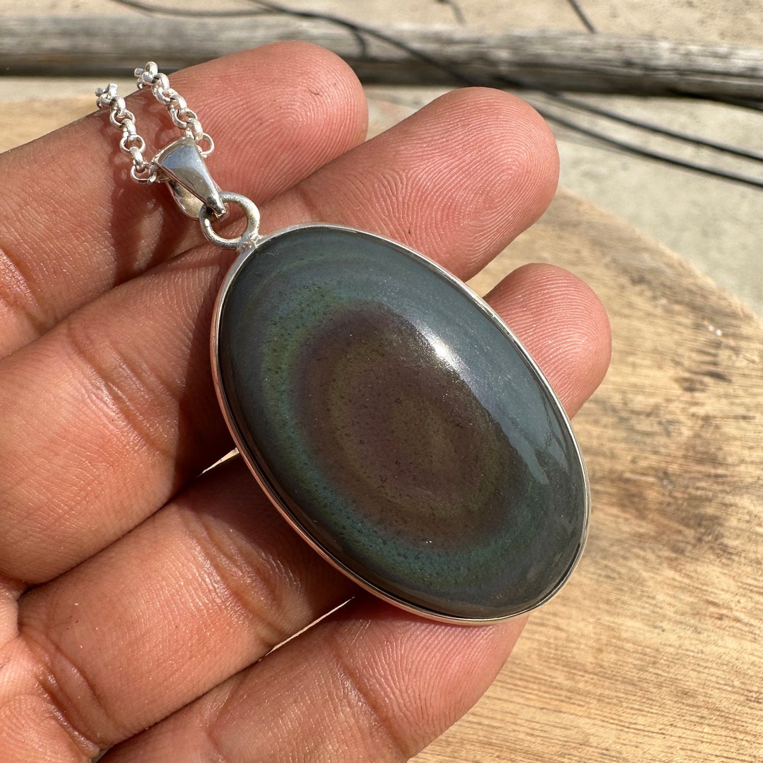 Genuine Obsidian Eye Necklace, 925 Sterling Silver Necklace, Obsidian ...