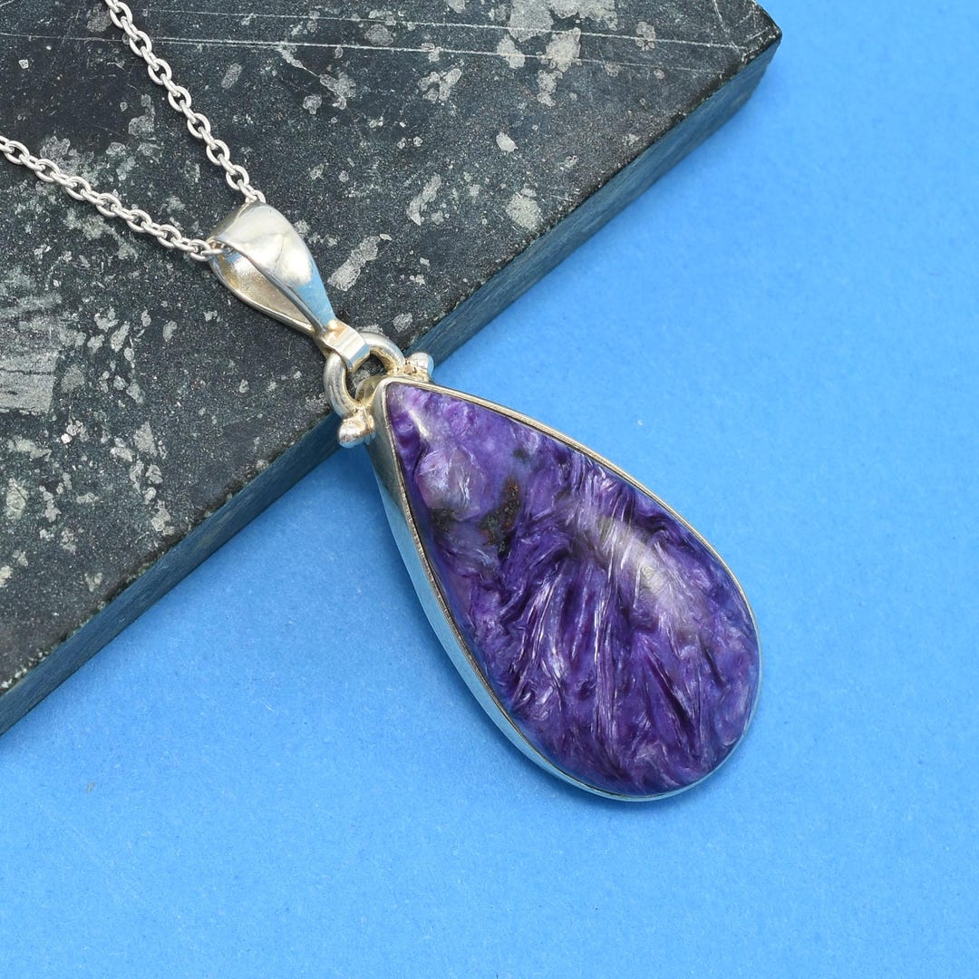 Handmade Siberian Charoite Pendant Necklace: 925 Sterling Silver, Pear ...