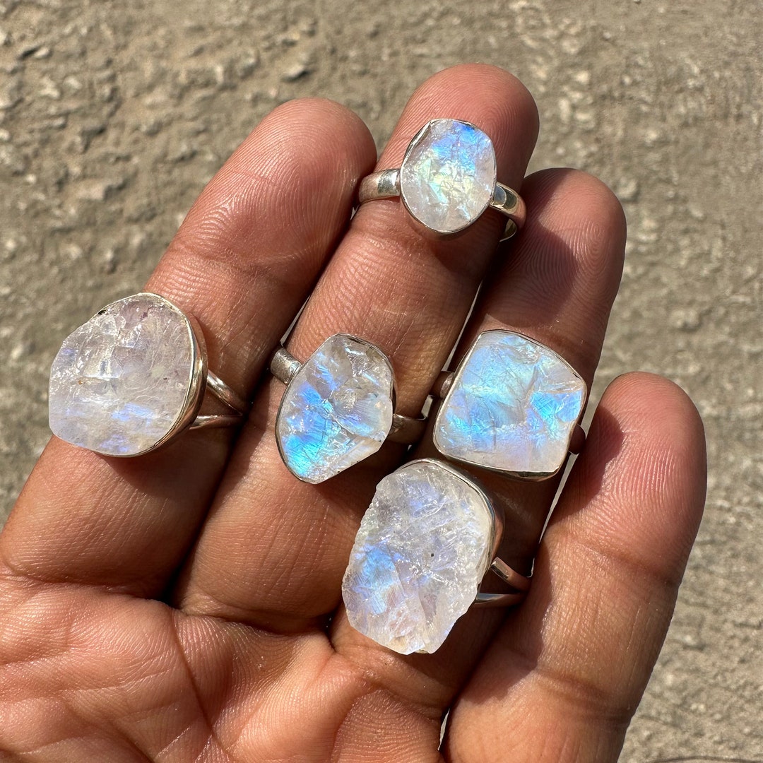 Gorgeous Genuine Raw Rainbow Moonstone Ring, Handmade 925 Sterling Silver Ring, Rough Moonstone ...