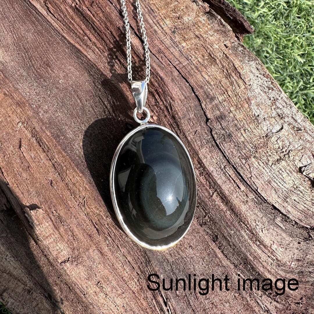 Genuine Obsidian Eye Pendant Necklace, 925 Sterling Silver Necklace ...