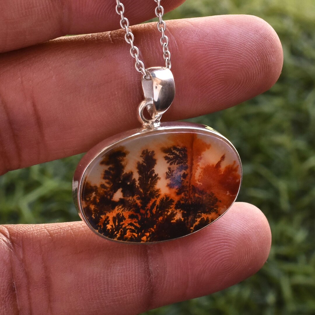 Top Grade Natural Scenic Dendrite Agate Gemstone Pendant Necklace, 925 ...