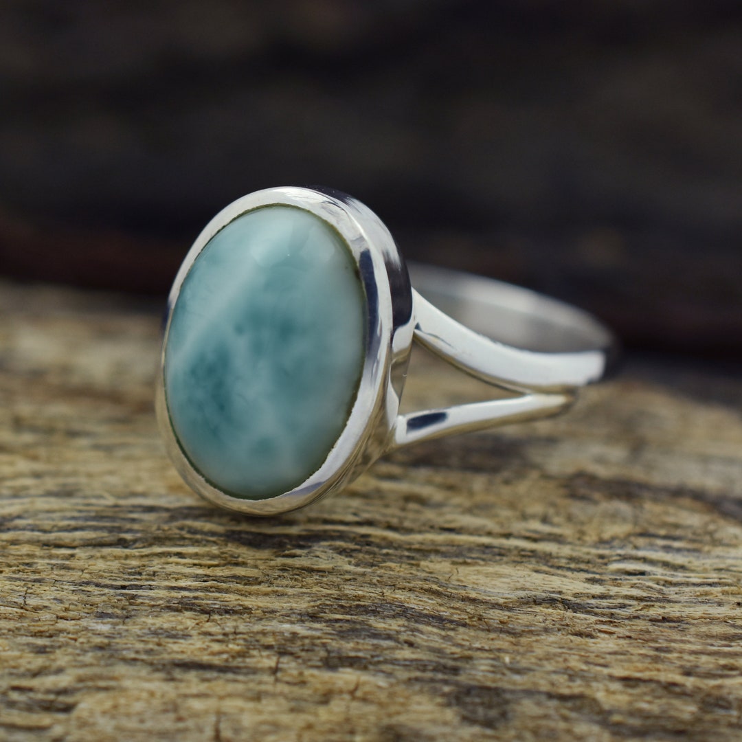 Genuine Blue Larimar Ring, Natural Dominican Larimar Sterling Silver Ring, Handmade Boho Jewelry ...
