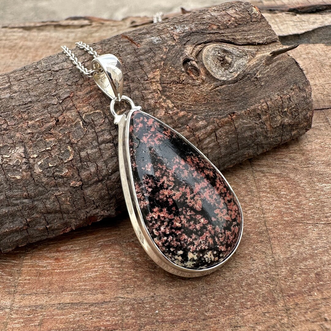 Genuine Flower Obsidian Teardrop Pendant Necklace, 925 Sterling Silver ...