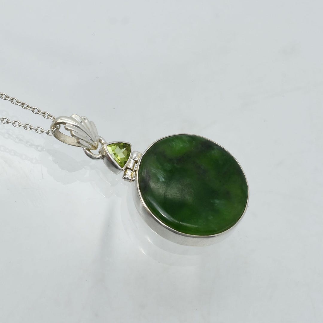 Natural Nephrite Jade Gemstone Pendant Necklace With Tiny Peridot, 925 ...