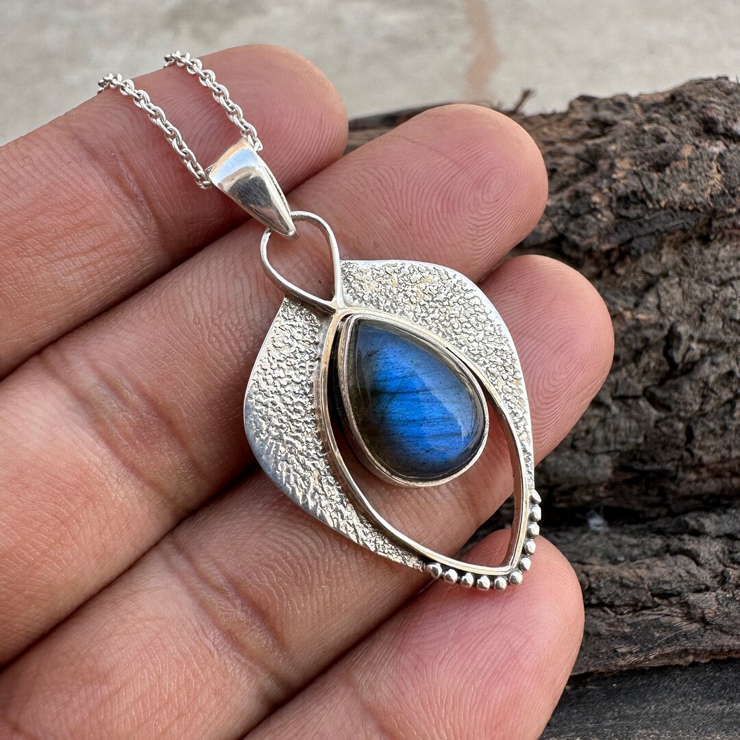 Rich Blue Teardrop Natural Labradorite Pendant Necklace, 925 Sterling ...