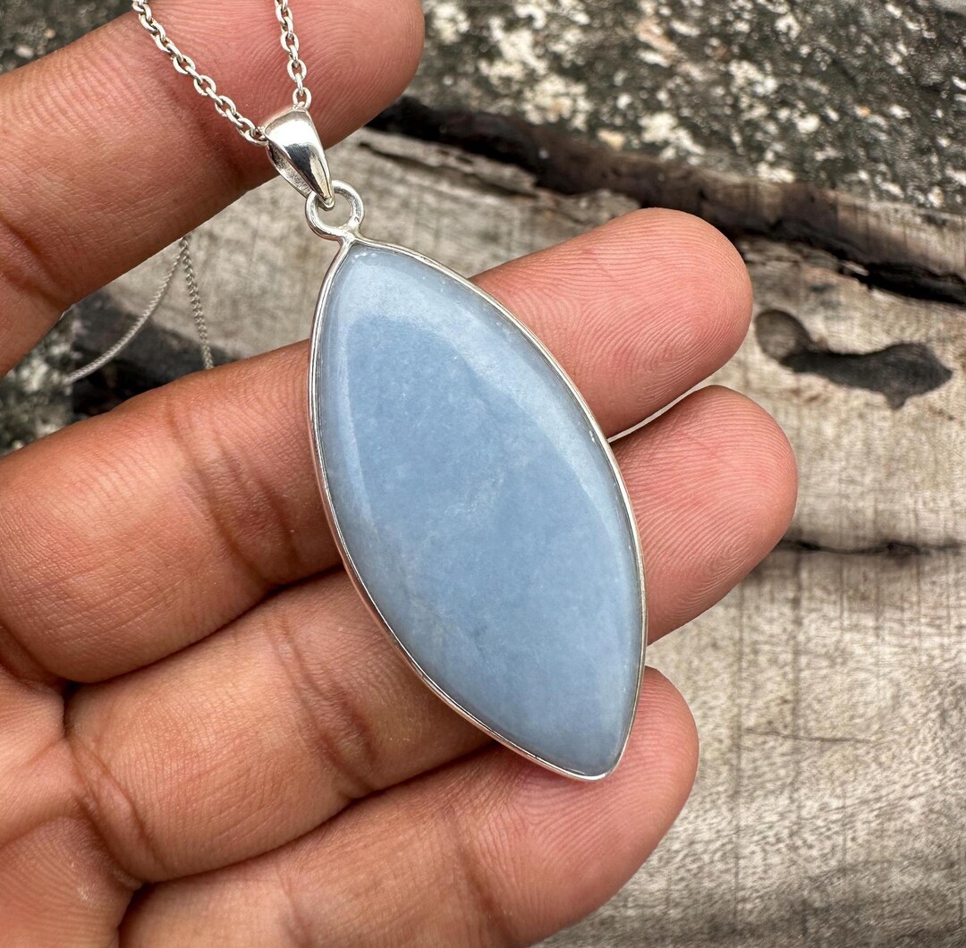 Natural Angelite Pendant Necklace, Blue Angelite Handmade Necklace, 925 ...