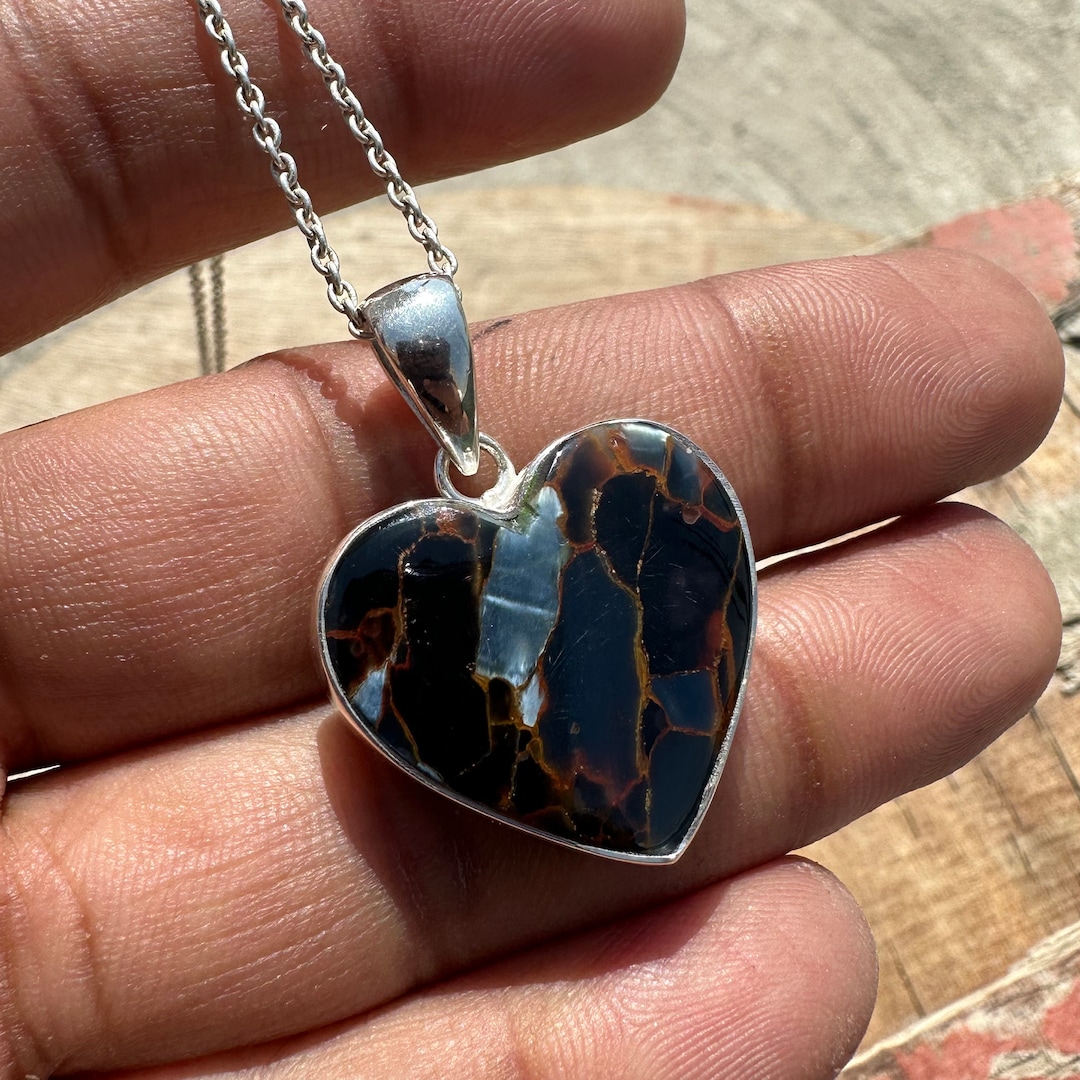 Genuine Namibian Heart Pietersite Gemstone Pendant Necklace, 925 ...