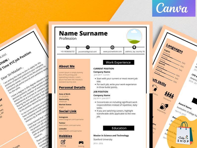 3 Page Professional Resume Template, Printable Modern Resume, Canva ...