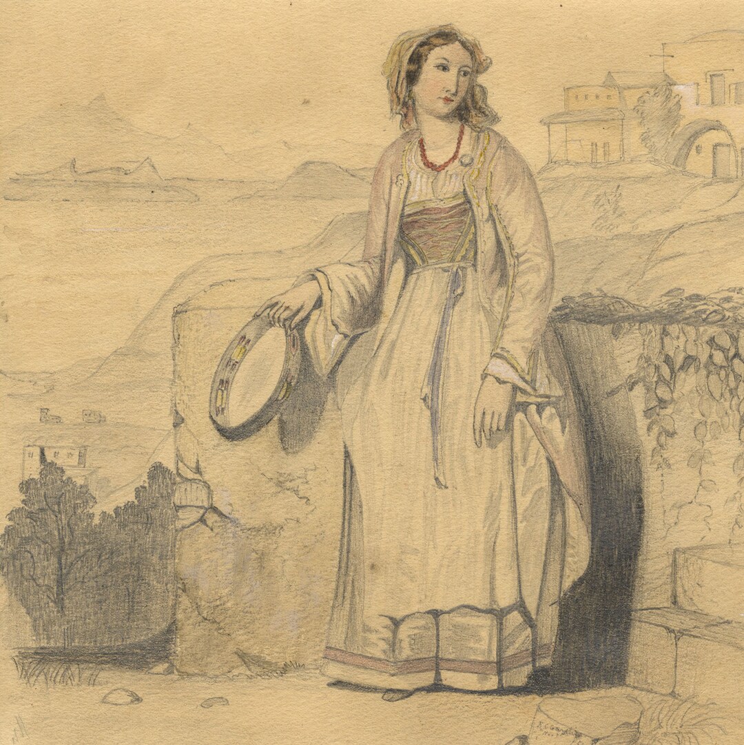 E. Garstin, Lady With Tambourine in Italianate Landscape – 1854 ...