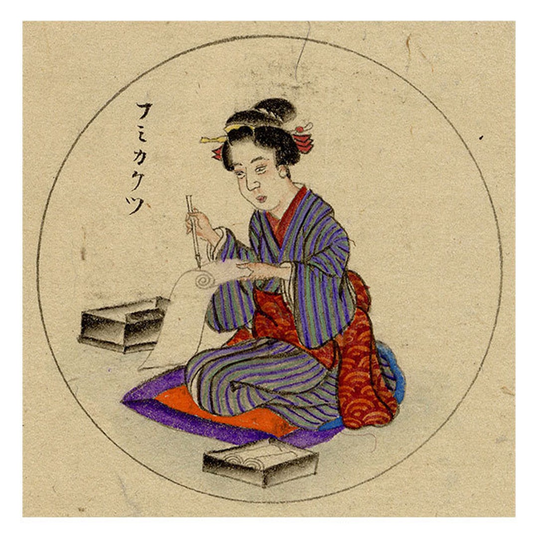 Woman Practising Calligraphy – Japanese Meiji Era Watercolour Painting ...
