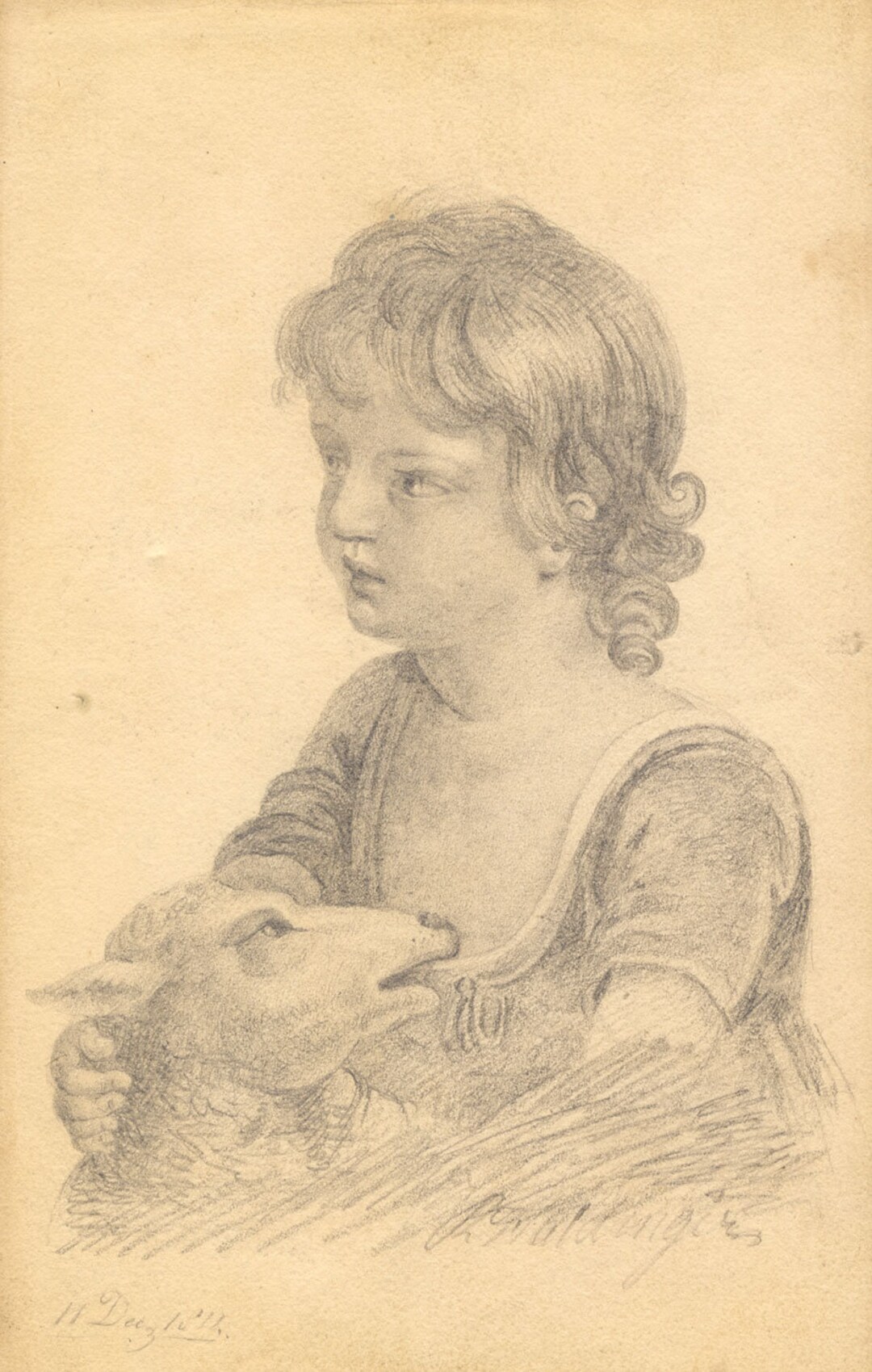 Rudolf Haidinger, Niña con oveja Dibujo de grafito original de 1814 ...