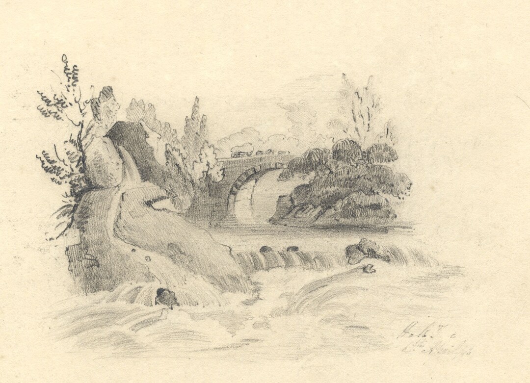 River Cascades With Stone Bridge Graphite Drawing Early 19th Century ...