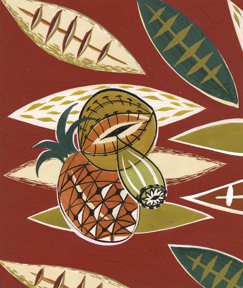 Mid-century Modern Textile Design Tropical Fruit Pattern in Gouache ...