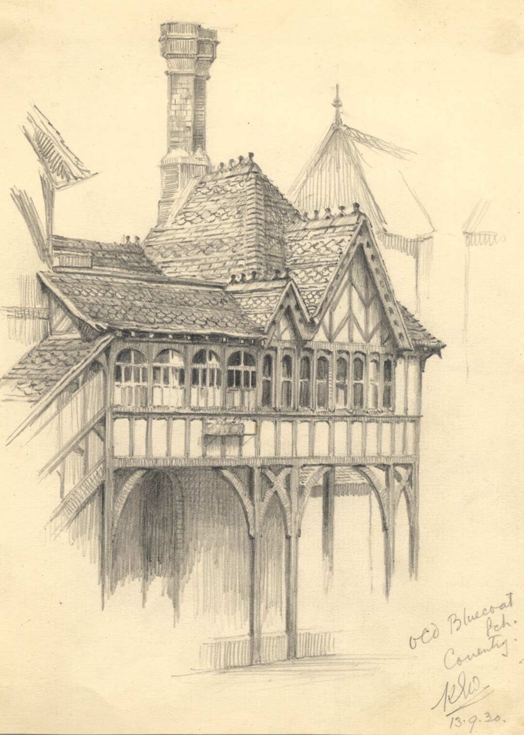 Kenneth E. Wootton, Old Blue Coat School, Coventry 1930 Graphite ...