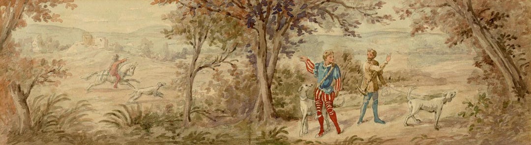 French Stag Hunting Scene Decorative Frieze Watercolour Painting 19th ...
