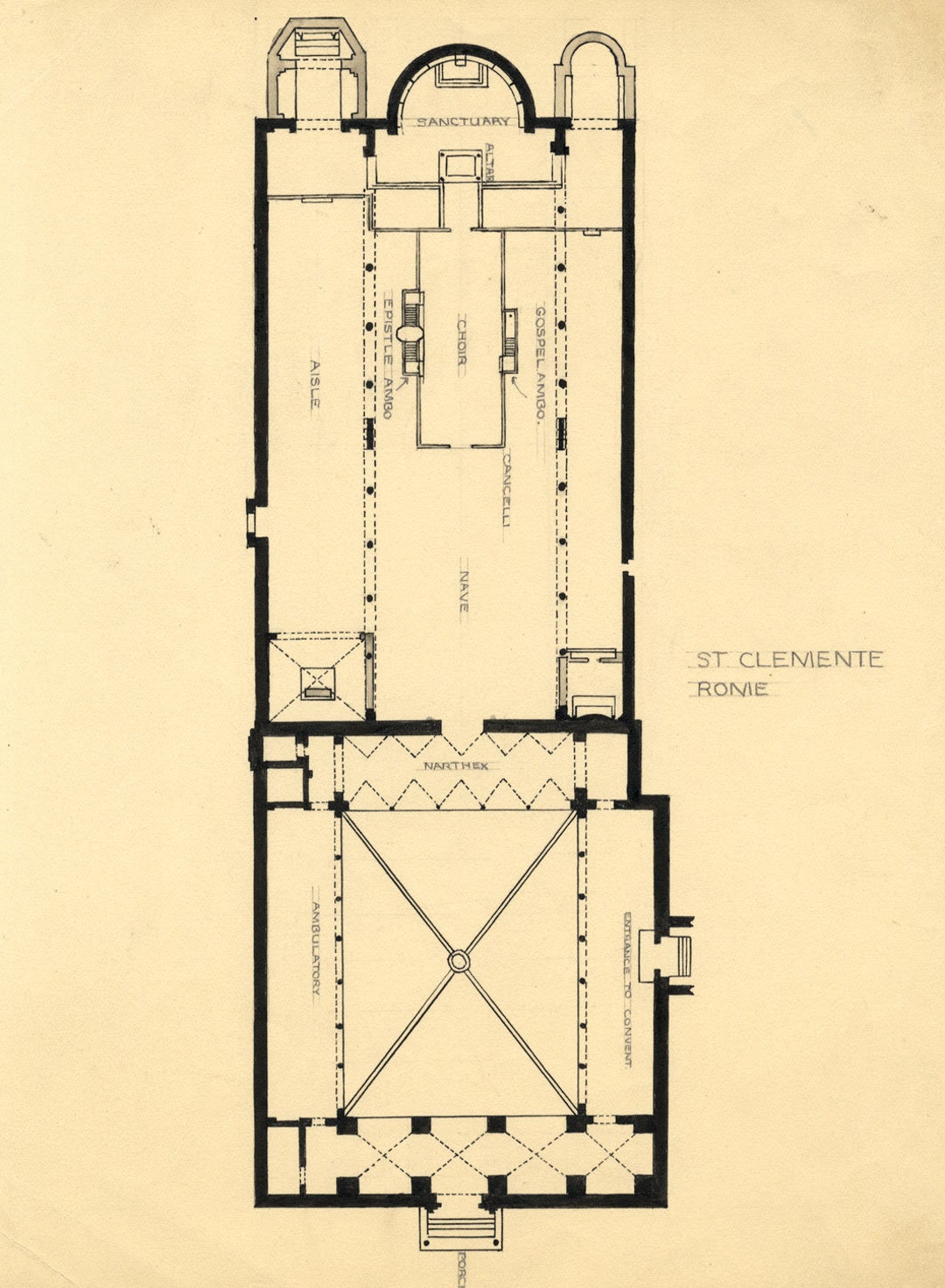 Architectural Plan Basilica of Saint Clement Rome Pen & Ink Drawing C ...