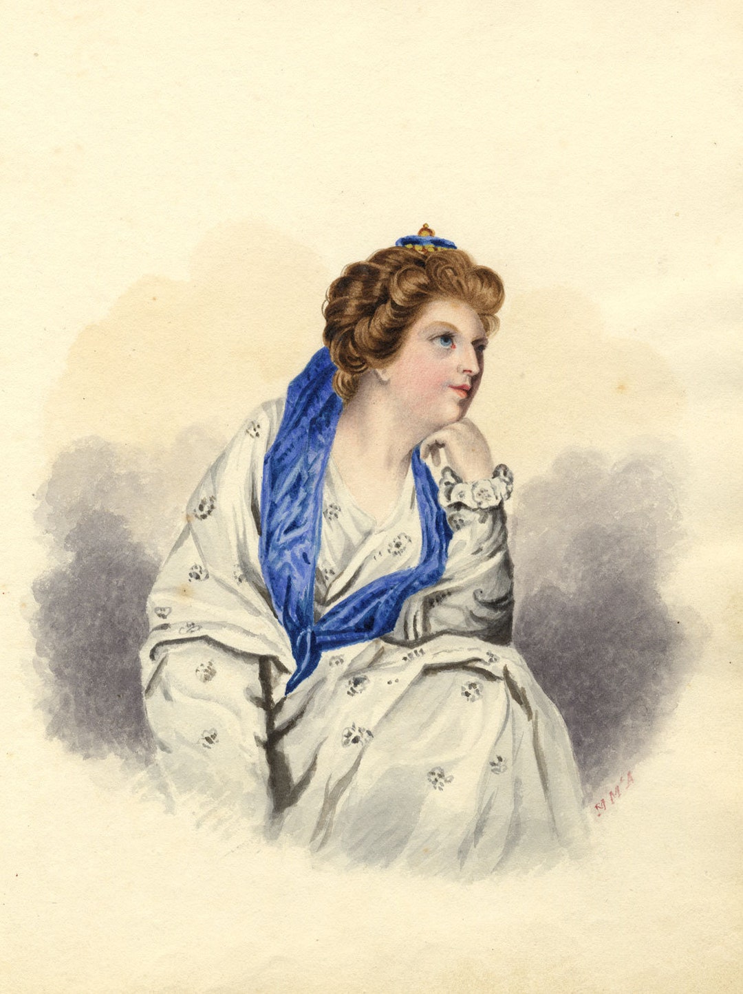 Portrait of a Lady in Blue Shawl Watercolour Painting C.1832 Mary ...