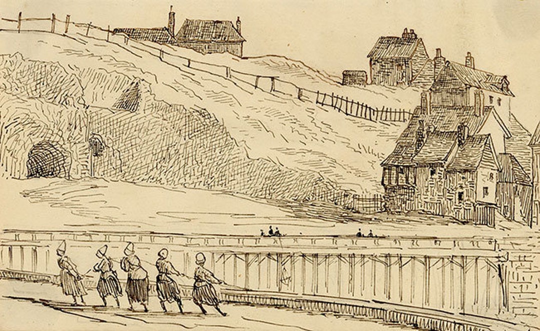 George John Cayley Pen & Ink Drawing 1874 Dieppe View With Fisherwomen ...