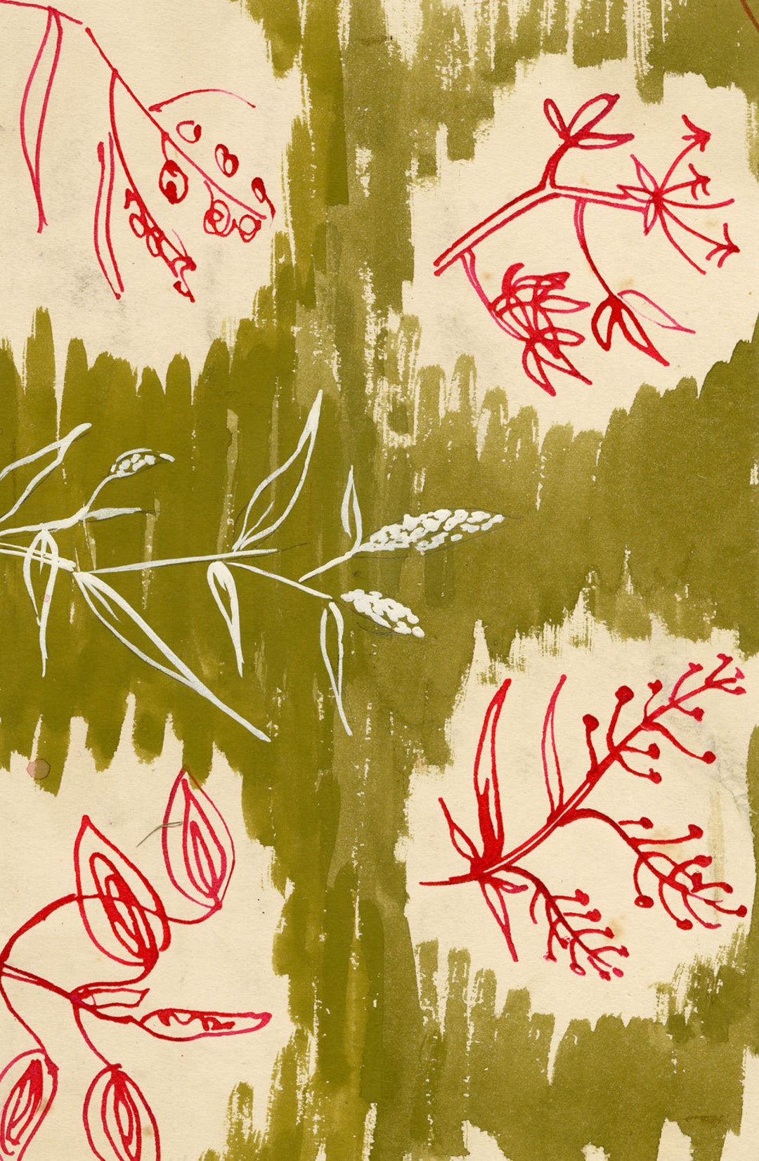 Mid-century Modern Textile Design – Leaf Sprig Pattern: Gouache, Wash ...