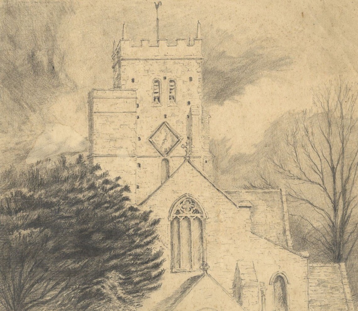 Church With Diamond-shaped Clock Original 19th-century Graphite Drawing ...