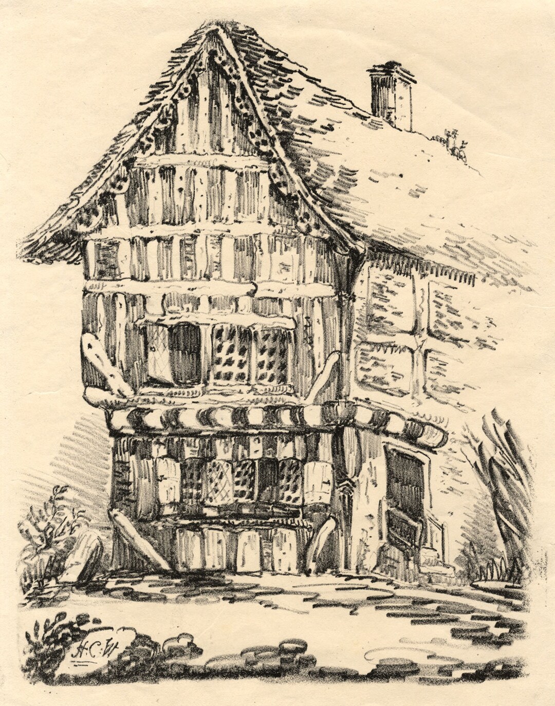 Half-timbered House Study Lithograph Print Early 19th Century H.C.W ...