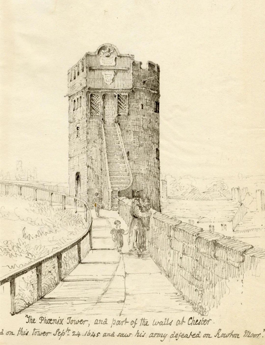 Phoenix Tower Chester City Walls Pen & Ink Drawing 1840s Charlotte ...