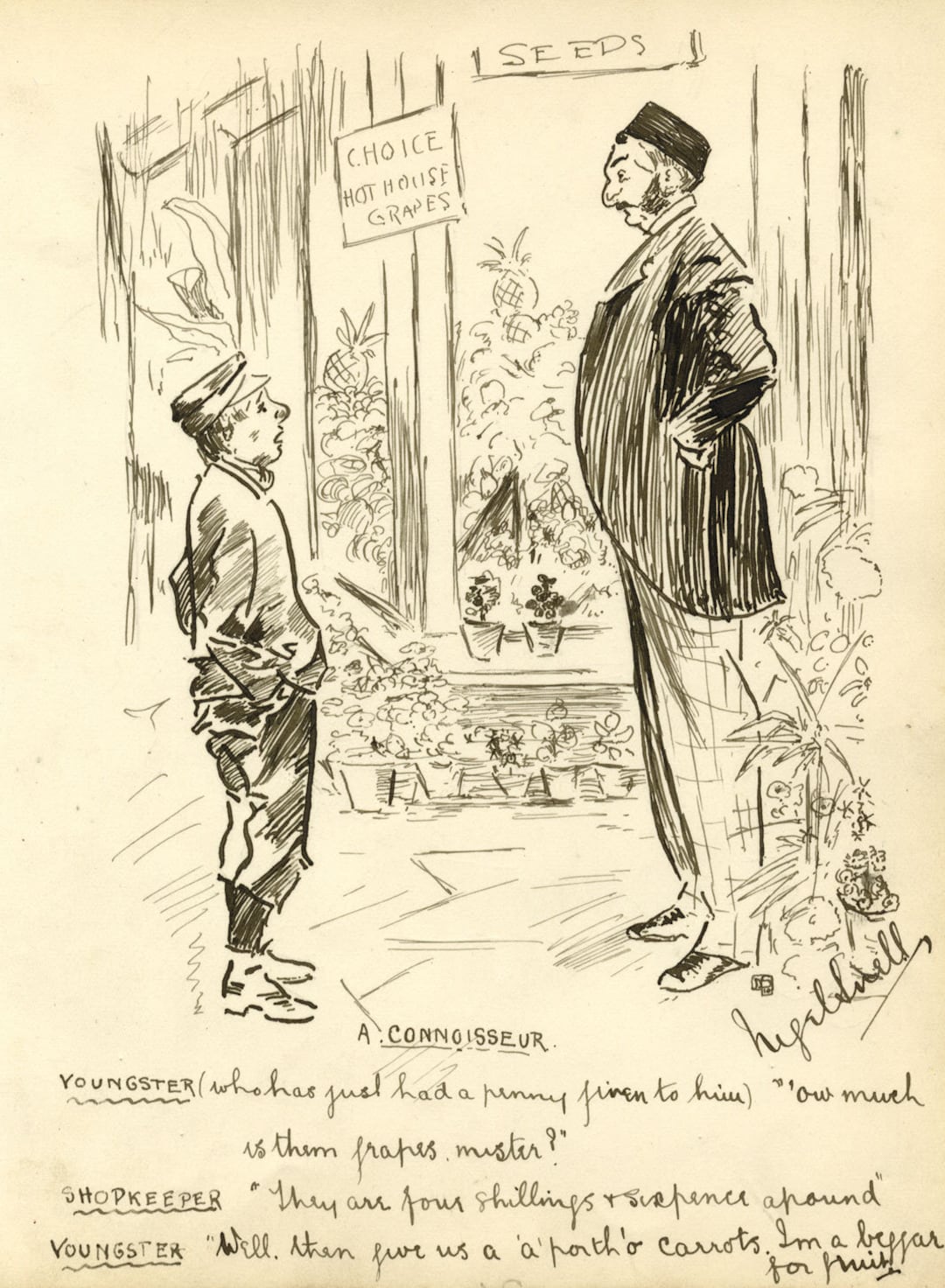 Connoisseur' Shopkeeper & Lad Cartoon Pen Ink Drawing C.1908 Nigel ...