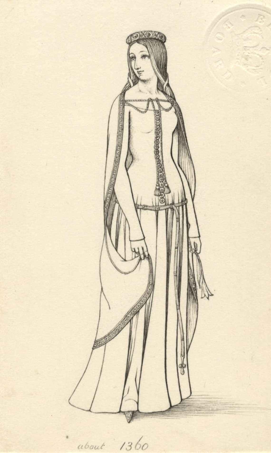 Medieval Lady C.1360 From a Monumental Brass Pen & Ink Drawing C.1830s ...