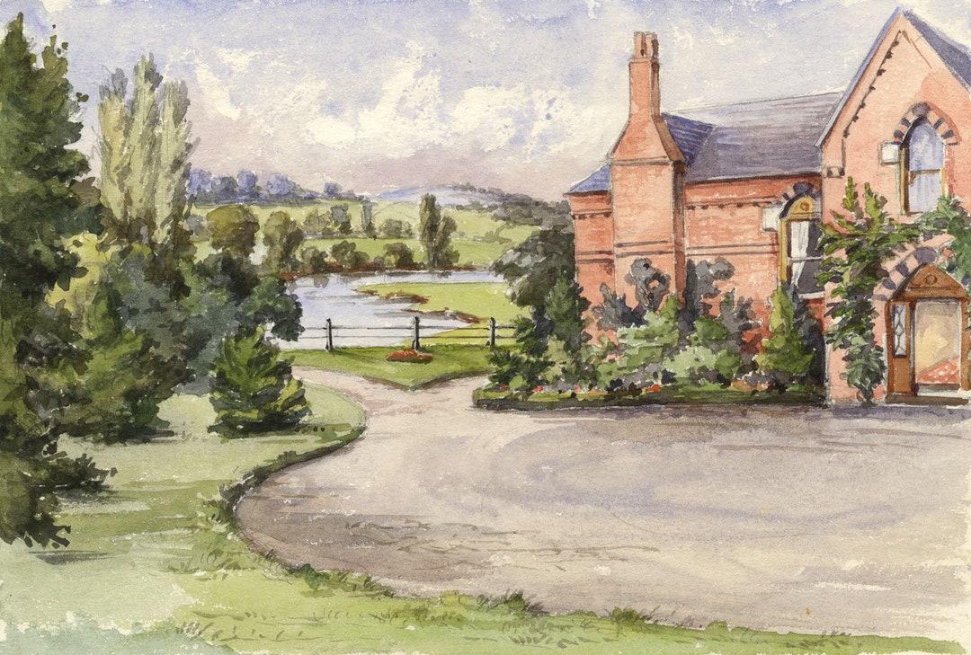 Red-brick Country House by River – Original 19th-century Watercolour ...