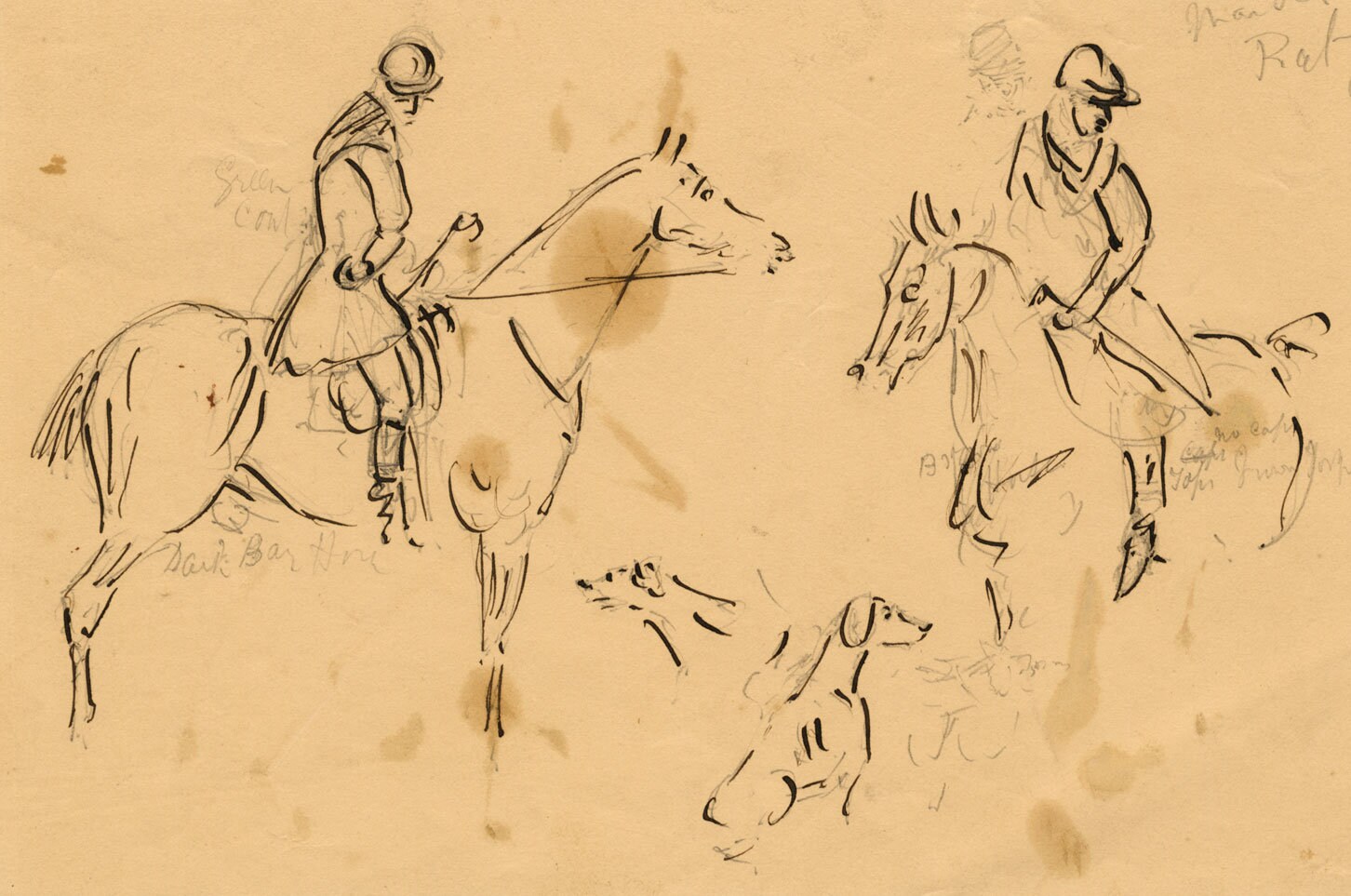 Sheet of Horse Riding Sketches Original Early 19th-century Pen & Ink ...