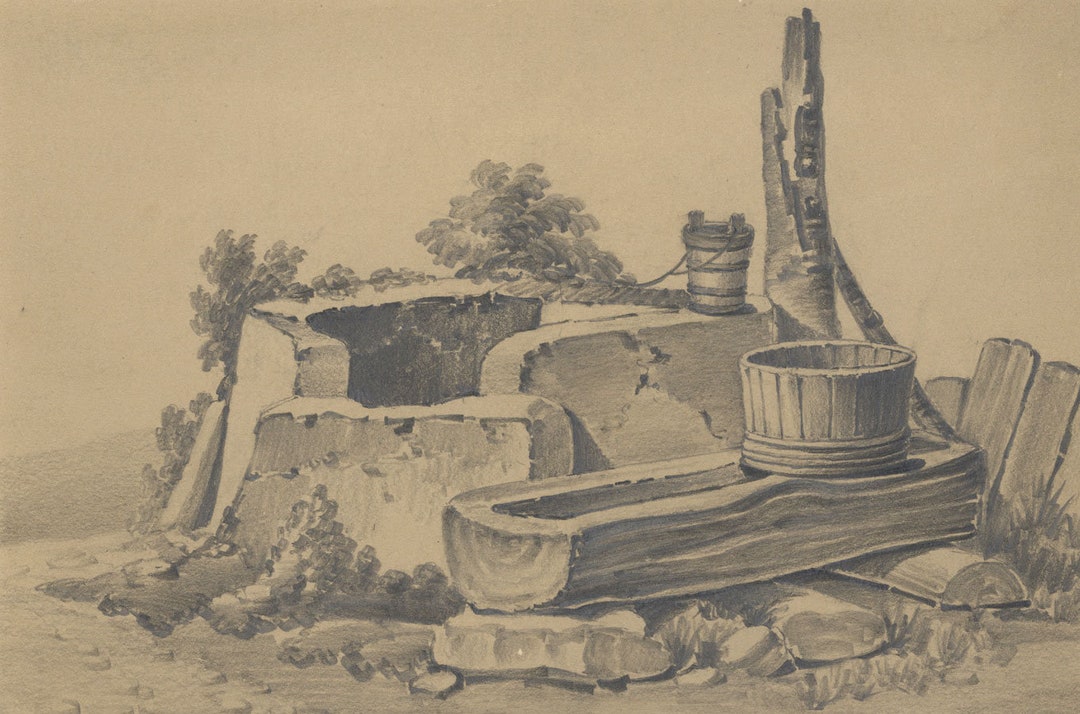 Stone Well & Trough Study Graphite Drawing 1847 Miss Leywater Original ...